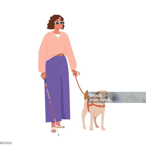 지팡이를 짚고 있는 눈먼 여자와 안내견 장애인 맹인 여성 캐릭터 검은 안경을 쓰고 지팡이와 안내견 평면 벡터 만화 그림과 함께 걷고 있습니다 장애인 사회적 포용 개념 개에