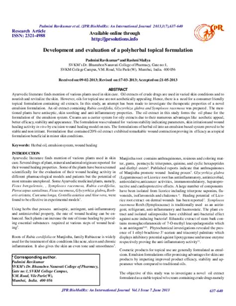 Pdf Development And Evaluation Of A Polyherbal Topical Formulation