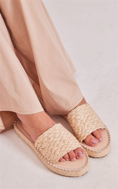 Natural Round Thick Textured Weave Strap Flatform Sliders Footwear Plt