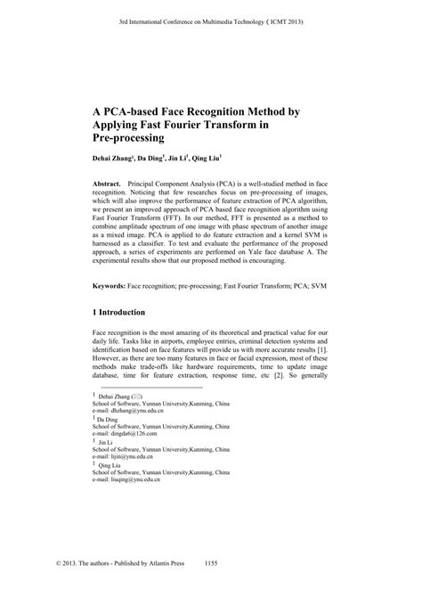 Pdf A Pca Based Face Recognition Method By Applying Fast Fourier Transform In Pre Processing