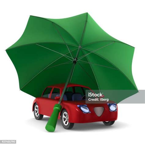 빨간 자동차 고 흰색 바탕에 녹색 우산입니다 격리 된 3d 그림 만화에 대한 스톡 사진 및 기타 이미지 만화 보험 양산 Istock