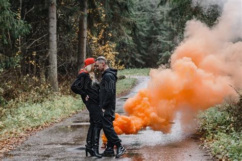 Couple Kissing In The Fog Lovers Tenderness Colored Smoke Steam White On The Path Forest