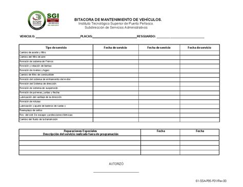 Bitacora Mantenimientode Vehiculos 2 61 Ssa P05 F01rev Bitacora De