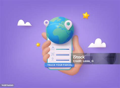 앱 배달 추적 기능이 있는 모바일 스마트폰을 들고 있습니다 배달 개념입니다 3d 벡터 그림입니다 세계지도에 대한 스톡 벡터 아트