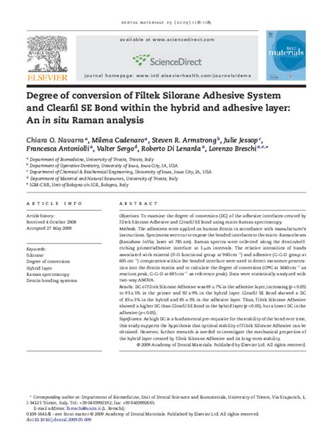 Pdf Degree Of Conversion Of Filtek Silorane Adhesive System And Clearfil Se Bond Within The
