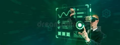 Man Employee Wearing VR Glasses And Working On Virtual Holographic Computer Screen Hud