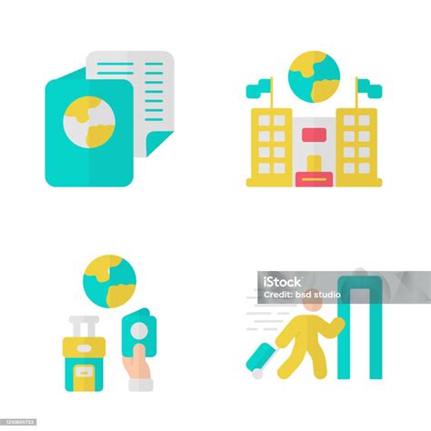 이민 플랫 디자인 긴 그림자 색상 아이콘 세트 영사관 건물 여행 서류 보안 검사 여행 장비 난민 이민자 해외 여행 벡터 실루엣