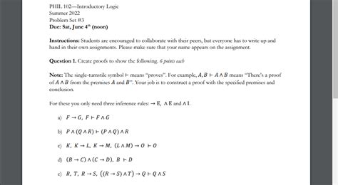 PHIL 102 Introductory Logic Summer 2022 Problem Set Chegg Com