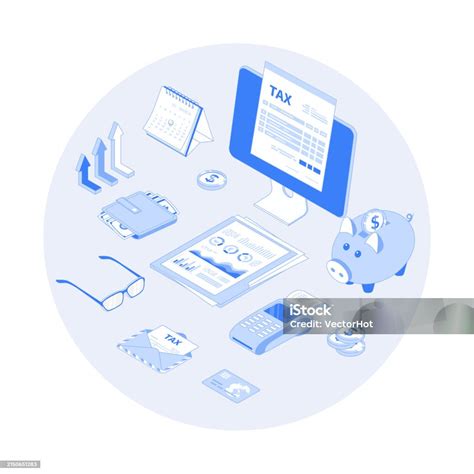 온라인 세금 납부 서비스 과세 세금 계산 모니터 문서 돈 신용 카드 송장의 세금 양식 웹 그래픽에 대 한 아이소메트리 장면이 있는 벡터 윤곽선 그림 It 지원에 대한 스톡