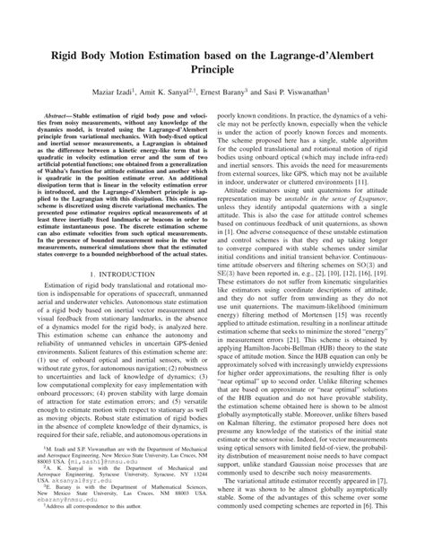 Pdf Rigid Body Motion Estimation Based On The Lagrange Dalembert