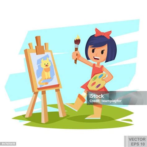 아티스트 캔버스에 여자 아이 그림 고양이 캐릭터 디자인입니다 크리에이 티브 사람들이 직업 컬렉션입니다 귀여운 만화 벡터 일러스트 레이 션 공예에 대한 스톡 벡터 아트 및