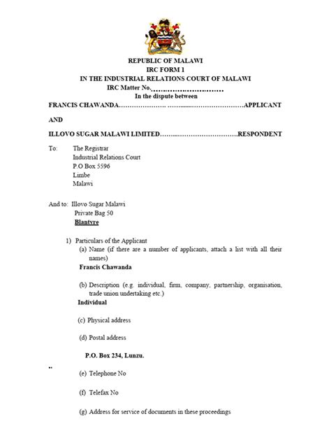 Francis Chawanda V Illovo Sugar Malawi Limited Irc Form 1