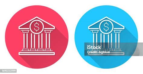 달러 기호가 있는 은행 빨간색 또는 파란색 배경에 긴 그림자가 있는 둥근 아이콘 개념에 대한 스톡 벡터 아트 및 기타 이미지 개념 건물 외관 건축 Istock