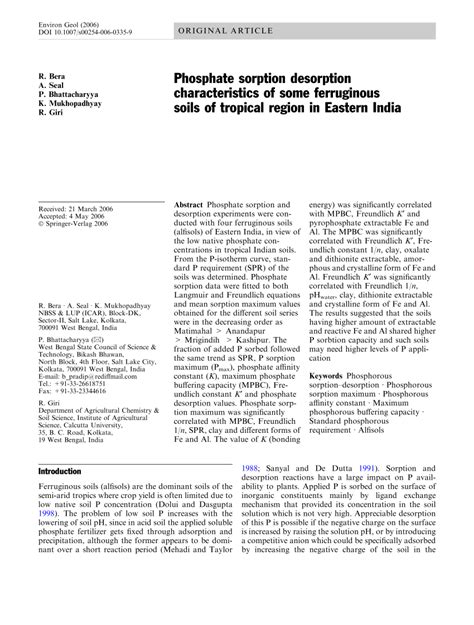 Pdf Phosphate Sorption Desorption Characteristics Of Some Ferruginous