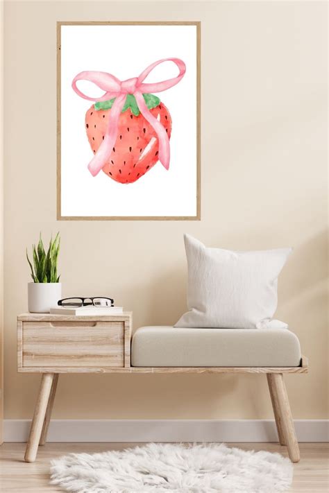 Coquette Pink Bow Strawberry Digital Wall Art Poster Cute Dorm Room Decor Trendy Printable