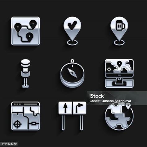 나침반 도로 교통 표지판 지구본의 위치 위치 마커로 모니터링 도시지도의 인포 그래픽 푸시 핀 알코올 맥주 바 및 경로 아이콘을