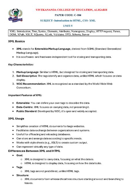 Unit V Xml Course Code C 104 Institution Raja Mahendra Pratap Singh State University