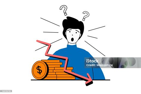 플랫 웹 디자인에서 사람들 장면을 가진 위기 관리 개념 혼란스러운 남자는 그래픽에서 아래쪽 화살표로 재정적 문제를 겪고 있습니다 소셜 미디어 배너 마케팅 자료에 대한 벡터