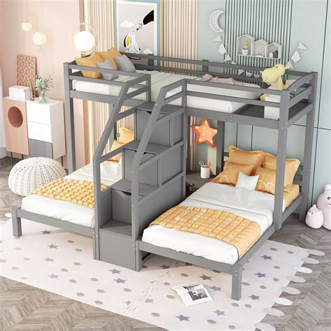 Merax Wood Triple Bunk Bed Frame With Built In Staircase Drawers And
