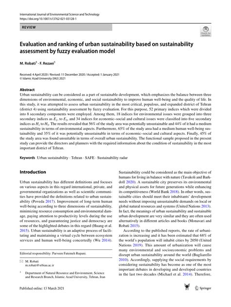 pdf evaluation and ranking of urban sustainability based on