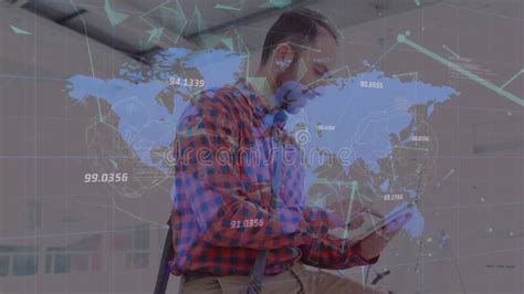 Animation Of Plexus Networks Over World Map Against Biracial Man Using Digital Tablet At Office
