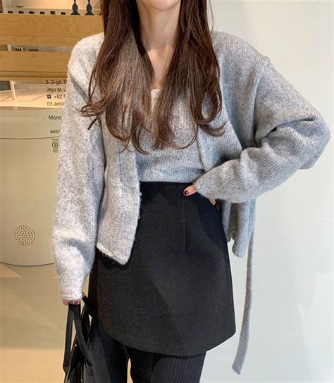 삐뽕언니 Set 렌더 오픈 랩니트 세트3color 가디건 뷔스티에 묶음 리본 숄 긴팔 나시니트 허리잘록 레이어드