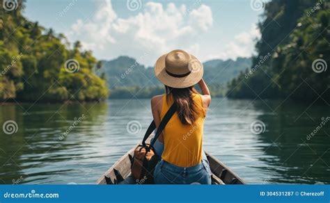 Girl Sailing In A Boat On A Tropical River Among Rocks And Forest Stock