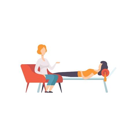소파에 누워있는 여성 환자 및 정신 치료사 의료 재활 물리 치료 활동 터에 대한 문제에 대해 이야기 하 배경에 고립 된 일러스트 프리미엄 벡터