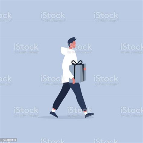 젊은 남성 캐릭터 선물 상자를 들고 생일입니다 주년입니다 축 하입니다 평면 편집 가능한 벡터 일러스트 레이 션 클립 아트 걷기에 대한 스톡 벡터 아트 및 기타 이미지