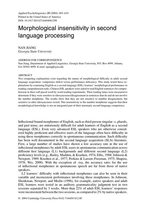 Pdf Morphological Insensitivity In Second Language Processing
