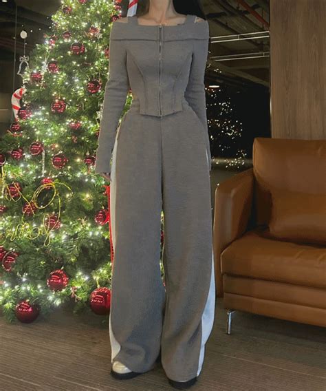 3kg 마법의상세트10할인 슬림핏 오픈숄더 투웨이 집업 하이웨스트 배색 롱 와이드 팬츠 골지 트레이닝 세트 에이블리