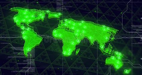 Global Network Connections Animation Over World Map With Green Nodes