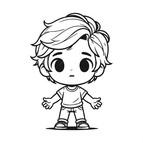 귀여운 소년 터 검은색과 색 만화 캐릭터 디자인 컬렉션 색 배경 프리미엄 벡터