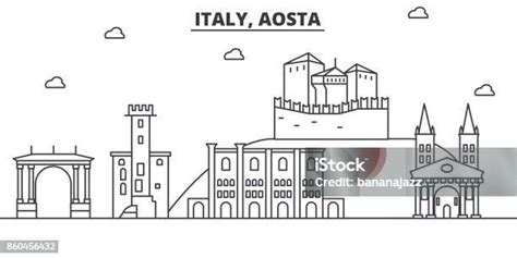 이탈리아의 아오스타 건축 선 스카이 라인 일러스트입니다 유명한 랜드마크 시티 명소와 선형 벡터 풍경 디자인 아이콘 편집 가능한 선 프리 강에 대한 스톡 벡터 아트 및 기타