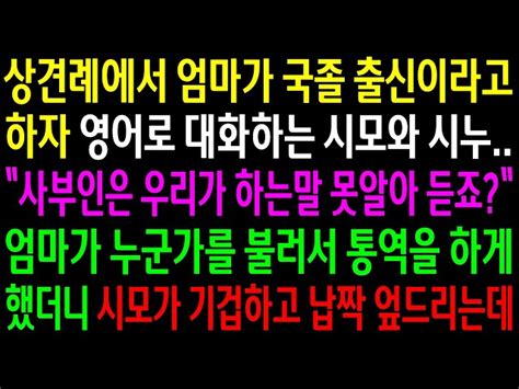 반전사연상견례에서 엄마가 국졸출신이라고 하자 영어로 대화하는 시모와 시누엄마가 누군가를 불러 통역을 하게 했더니 기겁하고 납짝 엎드리는데 신청사연 사이다썰 사연라디오