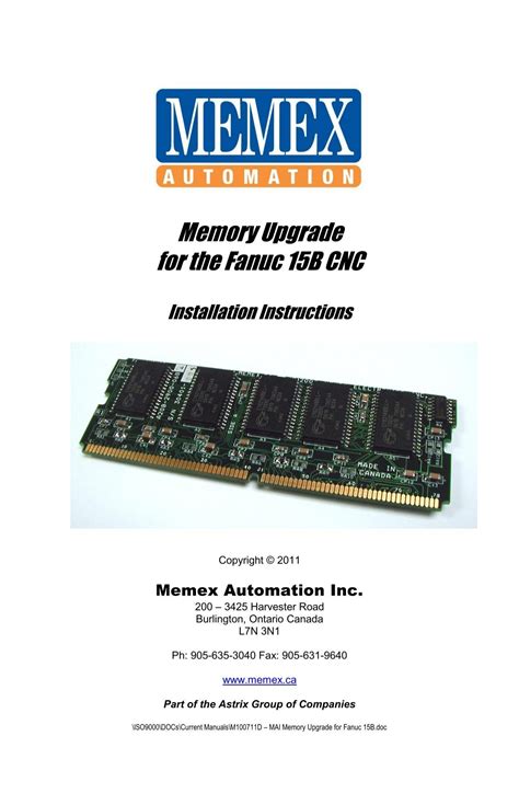 Memory Upgrade Manual For Fanuc B Memex Automation