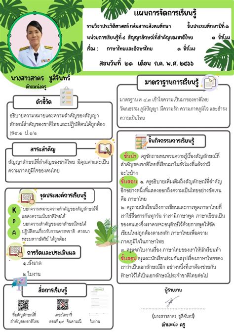 Inskru แผนหน้าเดียว เดอะ ไดอารี่ ประวัติศาสตร์ชาติไทยชั้น ป 1