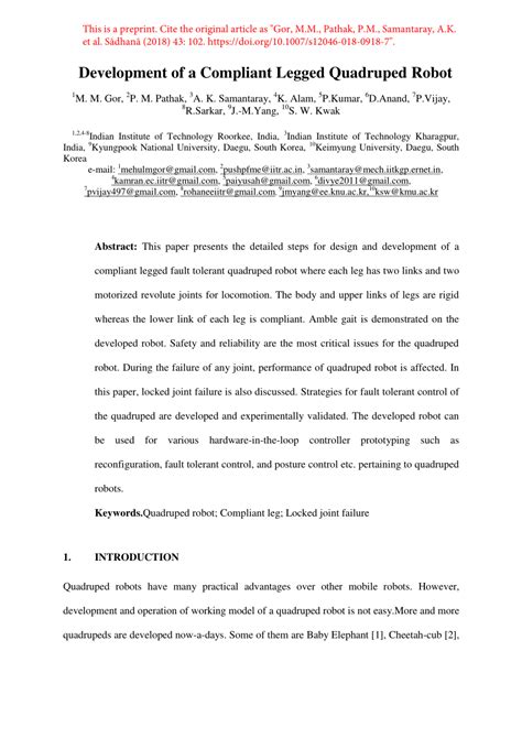 PDF Development Of A Compliant Legged Quadruped Robot