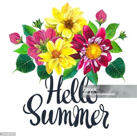 달리아 꽃다발 수채화 엽서 템플릿 이국적인 분홍색 노란 꽃 스케치 현실적인 열대 몬스터 손바닥 잎 손으로 그린 일러스트 티셔츠 배너 디자인을 위한 헬로 여름 레터링 0명에