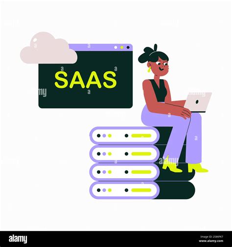 Female Sitting On Servers With Saas Interface In Flat Vector