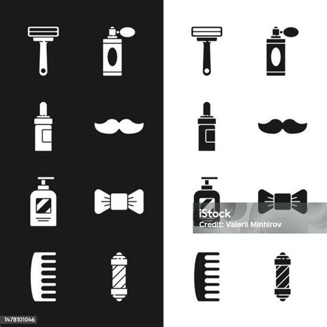 콧수염 수염 및 콧수염 관리 오일 병 면도 면도기 분무기로 애프터 셰 이브 샴푸 병 나비 넥타이 클래식 이발소 폴 및 헤어 브러시 아이콘을 설정합니다 벡터 검은색에 대한