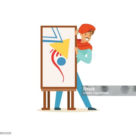 그의 그림 벡터 일러스트 레이 션을 제시 하는 붉은 베 레모를 착용 하는 남성 화가 예술가 문자 미소 공예에 대한 스톡 벡터