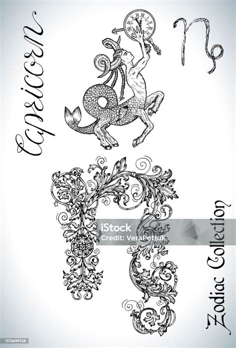 염소 자리 조디악 기호와 마스코트 그리기로 설정합니다 가공의 인물에 대한 스톡 벡터 아트 및 기타 이미지 가공의 인물 개체