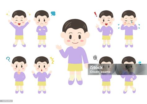 자식의 벡터 그림입니다 소년 감정 행복 화가 울고 웃고 고민하고 참을성이 없습니다 다양한 얼굴 표정과 제스처 아이콘 집합입니다 가리키기에 대한 스톡 벡터 아트 및 기타