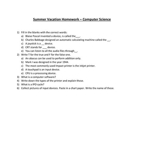 Summer Vacation Homework In Computer Science Computer Science Assignment Teachmint