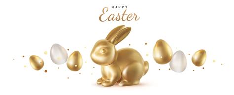반짝이는 황금 토끼와 달걀을 가진 벡터 현실적인 그림 텍스트 행복한 부활절 휴일 부활절 사냥 배너를 위한 황금 토끼와 달걀이 있는 3d 만화 스타일 디자인 귀 부분에 대한