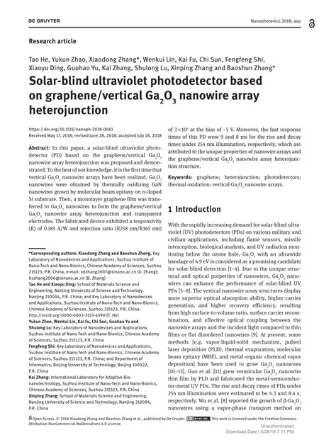 Pdf Solar Blind Ultraviolet Photodetector Based On Graphenevertical Ga2o3 Nanowire Array