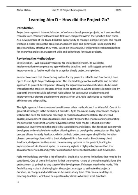 Unit 9 It Project Management Assignment 3 Learning Aim D Distinction Unit 9 It Project