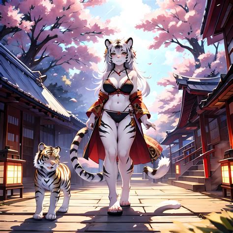 Anime Girl With Tiger And Tiger Cub Standing In Front Of A Building