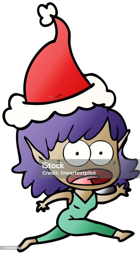 산타 모자를 쓰고 충격을 받은 엘프 소녀의 손으로 그린 그라데이션 만화 그라데이션에 대한 스톡 벡터 아트 및 기타 이미지